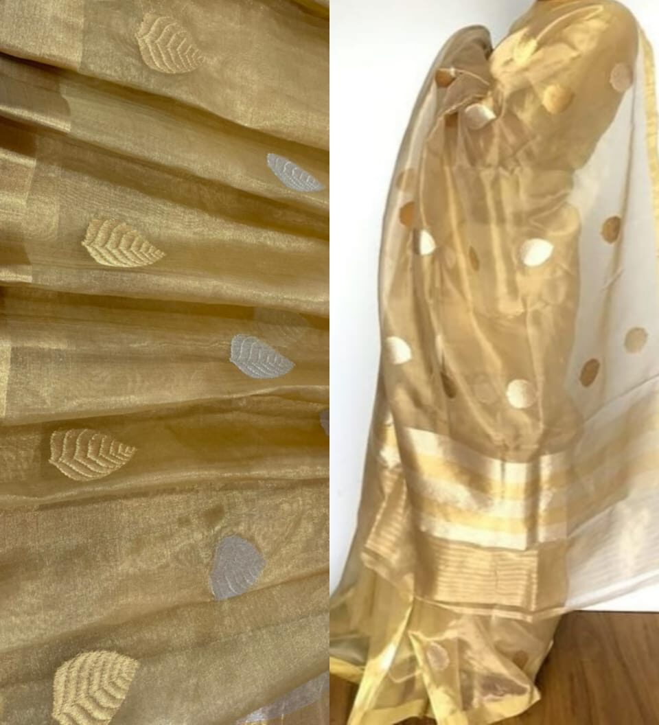 Pure Golden Silk Tissue Saree with silk mark label - Jackyll Mart