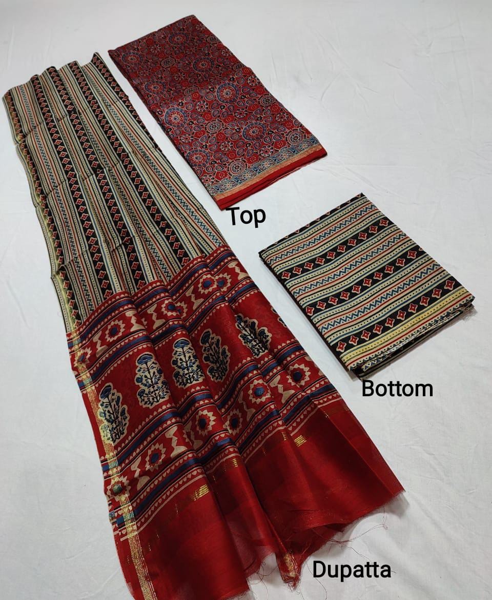 Handblocked natural dye Ajrak print chanderI dress Material - Jackyll Mart