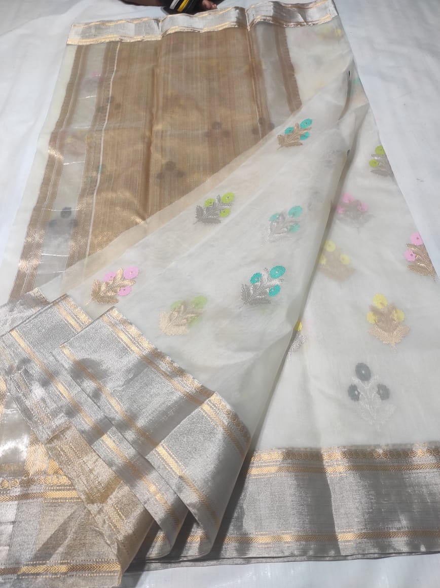 White color Designer chanderi saree with silk mark label - Jackyll Mart