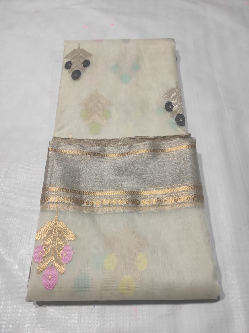 White color Designer chanderi saree with silk mark label - Jackyll Mart